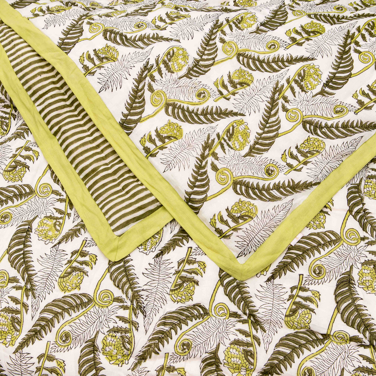 Hand Block Printed Quilt, Fern Design | Shades of Cool London